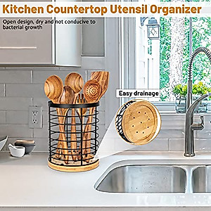 Toosci 2 Pcs Kitchen Utensil Holder - Stainless Steel and Bamboo Utensil Holder for Kitchen Counter, Large Spoon Spatula Holder for Kitchen Organizer（XL+L