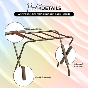 Kings Brand Furniture Anderson Folding Luggage Rack - Suitcase Stand With Storage Shelf - Folding Luggage Rack for Guest Room and Bedroom - Sturdy Portable and Stylish Metal Suitcase Stand - Gold