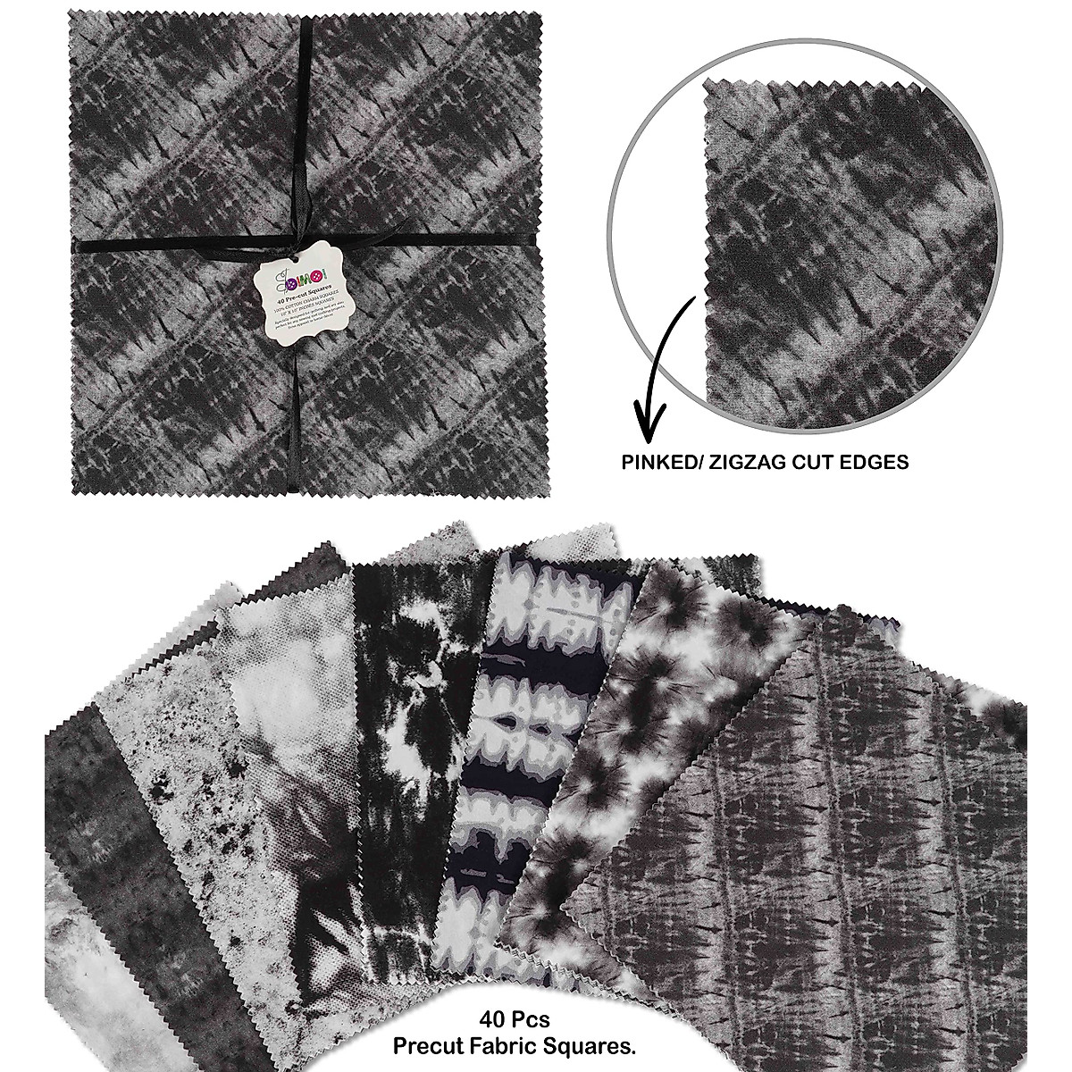 Soimoi Precut 10-inch Chihuahua & Dot Prints Cotton Fabric Bundle Quilting Squares Charm Pack DIY Patchwork Sewing Craft- Black