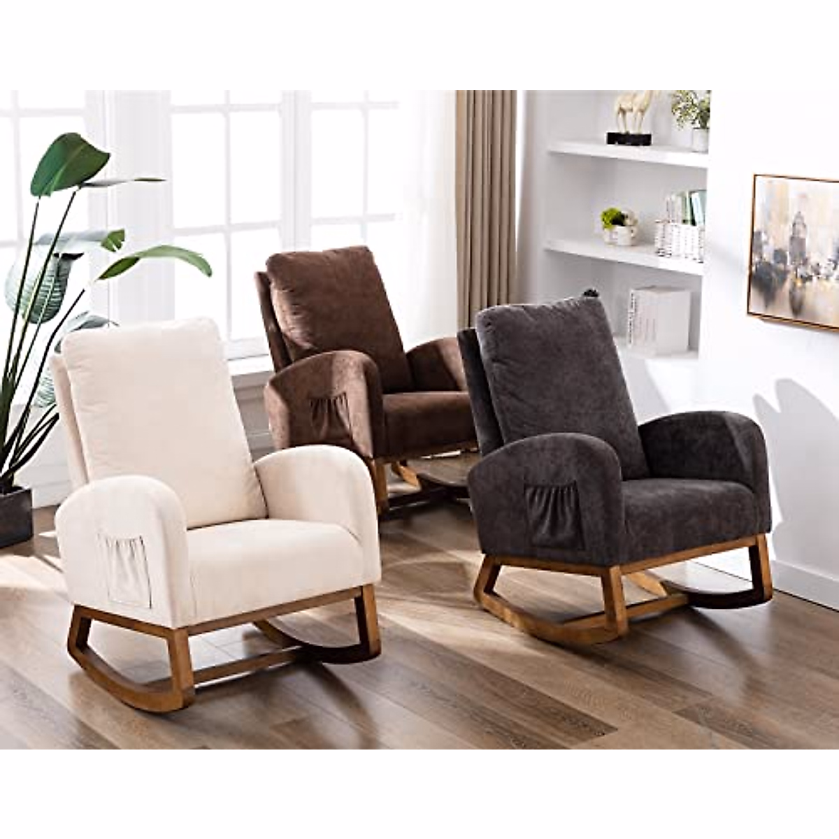 Antetek Modern Accent Rocking Chair, Upholstered Nursery Glider Rocker for Baby and Kids, Comfy Armchair with Side Pocket, Living Room Lounge Arm Chair with High Backrest (Beige)