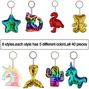 Trounistro 40 Pieces Sequin Keychain Hanging Key Chain with Mermaid Tail Unicorn Pony Cat Star Flamingo Cub Cactus Shape keychains for Kids Girls Party favor - 8 Styles