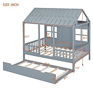 Bellemave Full House Beds with Trundle and Rails Wooden Kids Montessori Bed with Wall and Windows Wood Playhouse Tent Bed Frame for Girls Boys, Full Size, Gray