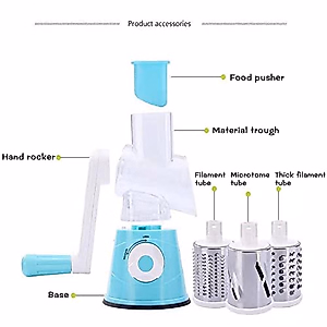 Rotary Cheese Grater with Handle for Fruit,Vegetables,Nuts, 3 In 1 Multifunctional Kitchen Square Drum Vegetable Cutter & Round Mandoline Slicer Nuts Grinder With 3 Interchangeable Blades (Blue)