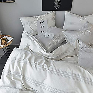 OREISE Duvet Cover Set King Size 100% Cotton White/Light Gray Printed Striped Style Reversible Design 3Piece Bedding Set (1 Duvet Cover + 2 Pillow Shams) with Zipper Closure Soft Breathable Luxury