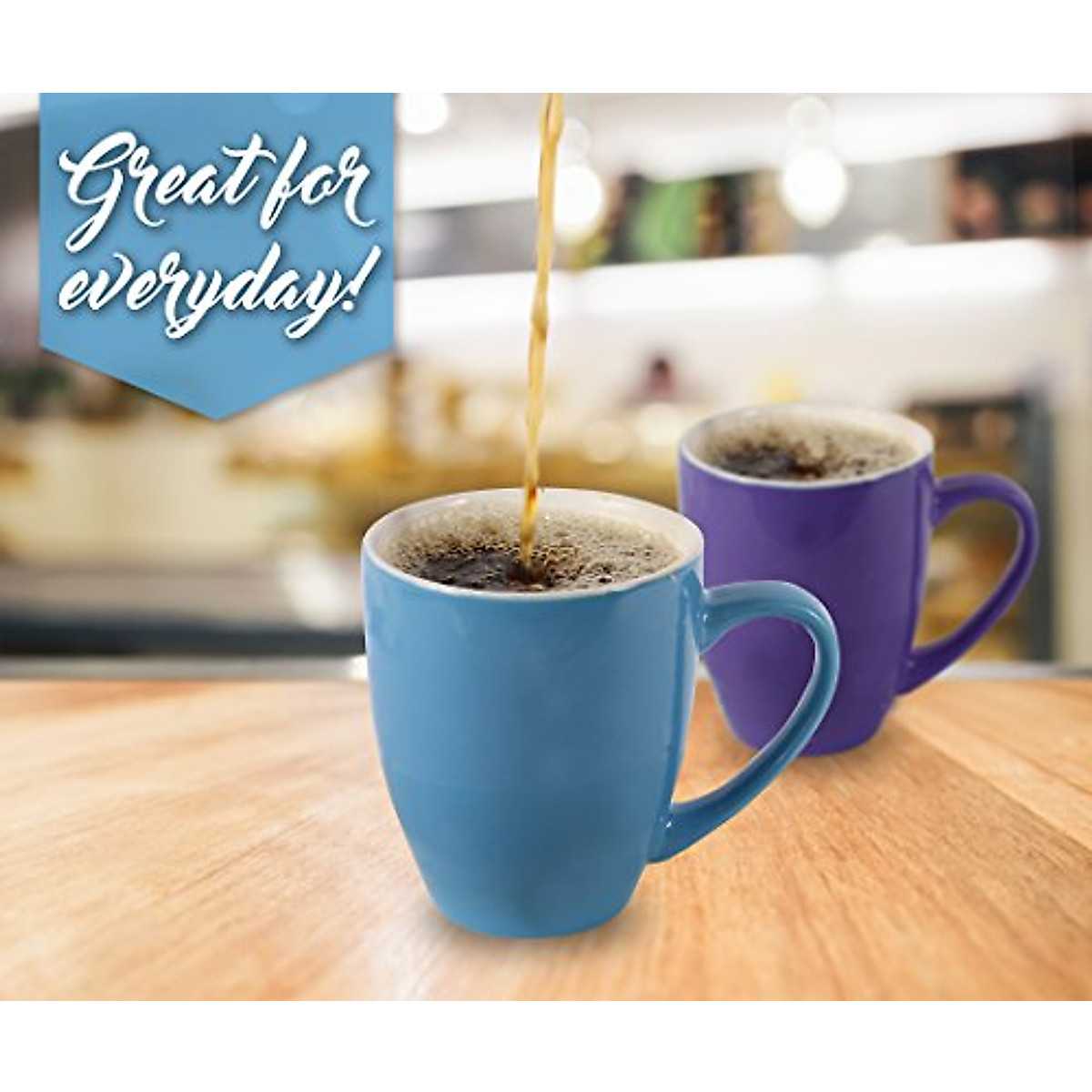 Klikel 6 Colored Coffee Mugs Set - 16oz Flat Bottom Stoneware - Bright Multi Colored