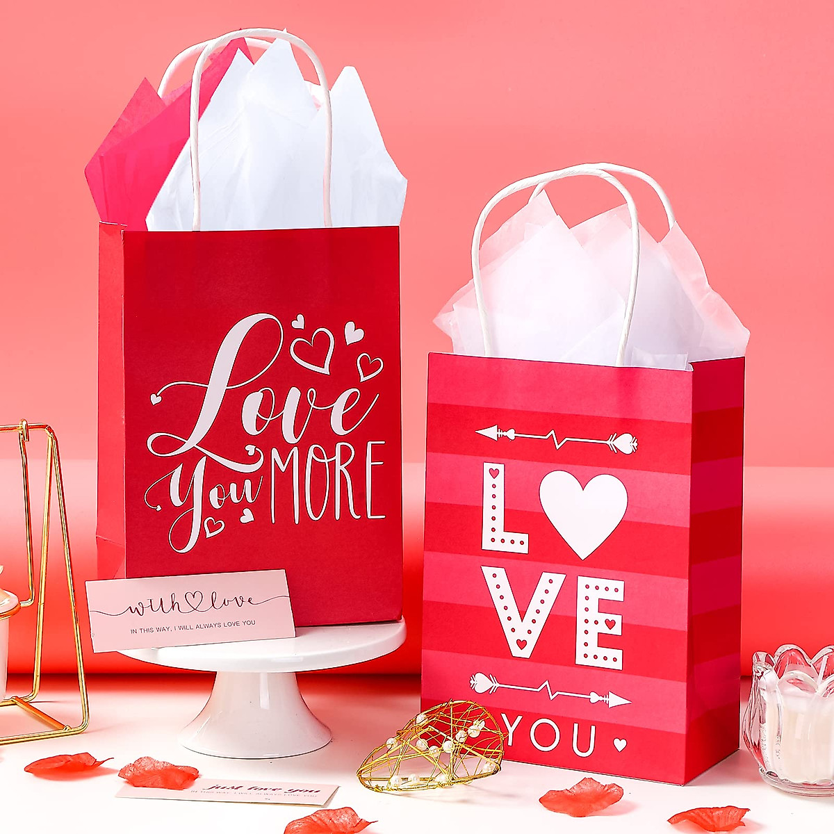 ECOptimize Gift Bag with Tissue Paper for Valentine's Day - 24 PCS Small Size(5.9"x3"x8") - Eco-Friendly Kraft White Paper Bag with Handle for Retail, Gift, Shopping & Party Favors(Pink, Red, Heart) - Double Side Pattern