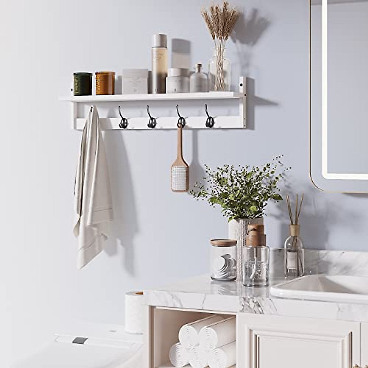BAMEOS Wall Hooks with Shelf Entryway Wall Hanging Shelf Wood Coat Hooks for Wall with Shelf Wall-Mounted Coat Hook Rack with 5 Dual Hooks for Bathroom, Living Room, Bedroom (White-with Shelf)