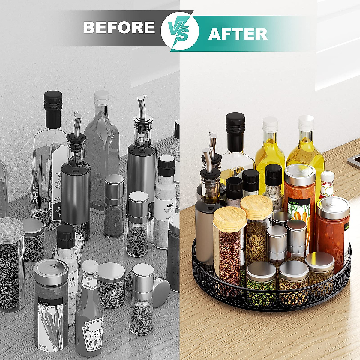 PHINOX Lazy Susan Organizer, 12 Inch Lazy Susan Turntable for Cabinet Table, Turntable Organizer Lazy Susan Spice Rack with Non-Slip Pad, Large Lazy Susan for Kitchen Bathroom Pantry Vanity (Metal)