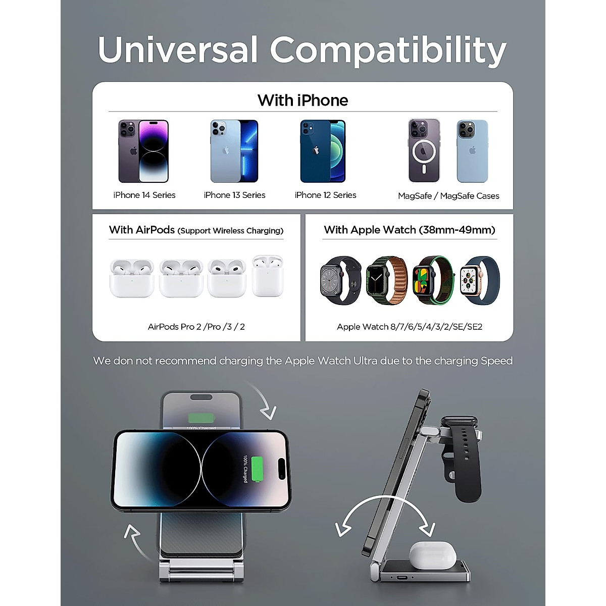 Magnetic Charging Station,Hohosb 3 in 1 Foldable Zinc Alloy Wireless Charger Stand[Compatible with Magsafe Charger] for iPhone 15/14/13/12 Series, AirPods Pro/3/2,Apple Watch/iWatch-Black