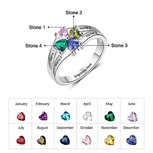 Personalized Mothers Ring with 4 Heart Simulated Birthstones and 4 Names Customized Family Rings for Women Promise Rings for Her (Size 8)