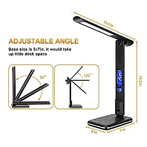LED Desk Lamp with Wireless Charger, Foldable Touch Console Light, Date,Calendar,Temperature,Clock Display Function, 5-Level Dimmable Lighting, Suitable for Home Office, Reading, Work,study (Black)