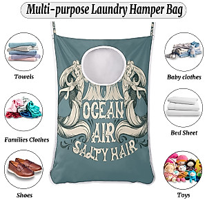 Ocean Mermaid Hanging Laundry Hamper large Wall Mounted Laundry Basket with Stainless Steel Hooks Laundry Room Organization and Storage Saving Space Over the Door Laundry Bag