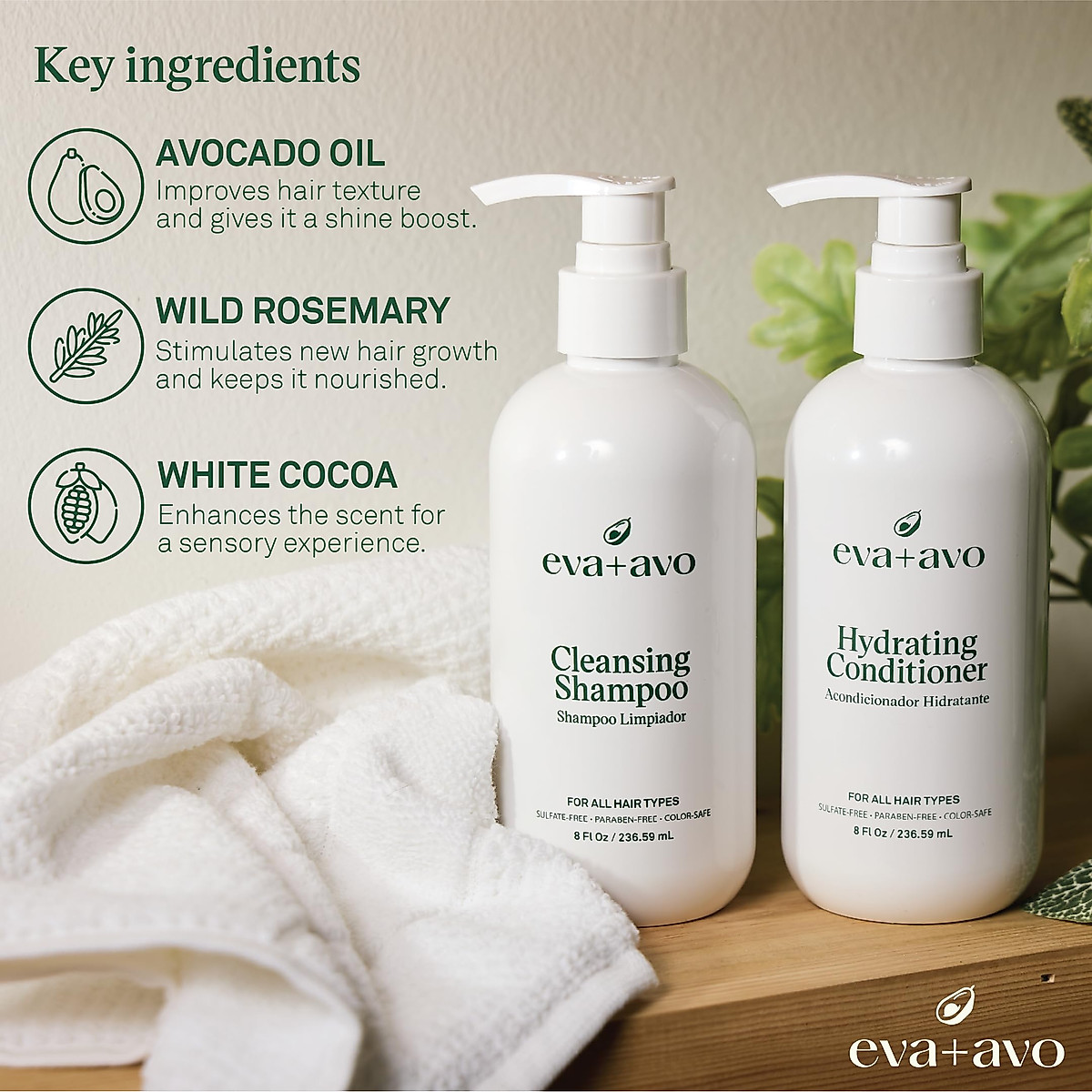 EVA + AVO Shampoo and Conditioner Set – Cleansing Shampoo and Hydrating Conditioner with Avocado Oil and Wild Rosemary for All Hair Types – 8 Fl Oz