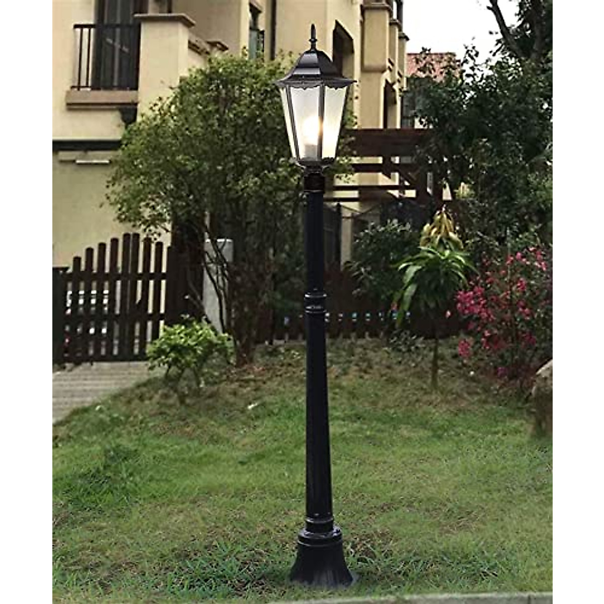1-Light Black European Glass Lantern Street Light, Traditional Victoria Antique Outdoor Aluminum Metal Pillar Post Lamp Waterproof Column Lawn Villa Garden Landscape Pole Floor Lights D