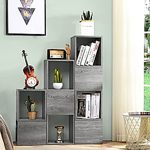 Tangkula Wooden Cube Bookcase, Freely Combined Storage Bookshelf with 9 lattices, Modern DIY Irregular Bookcase for Living Room, Stepped Bookcase and Bookshelves for Home Office Decor (Grey)