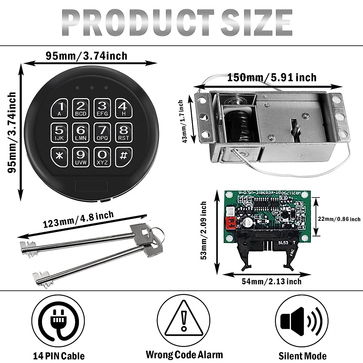 WAH LIN PARTS Gun Safe Lock Replacement with 2 Override Keys & Solenoid Black Keypad Safe Electronic Safe Lock for Fireproof Safe Box