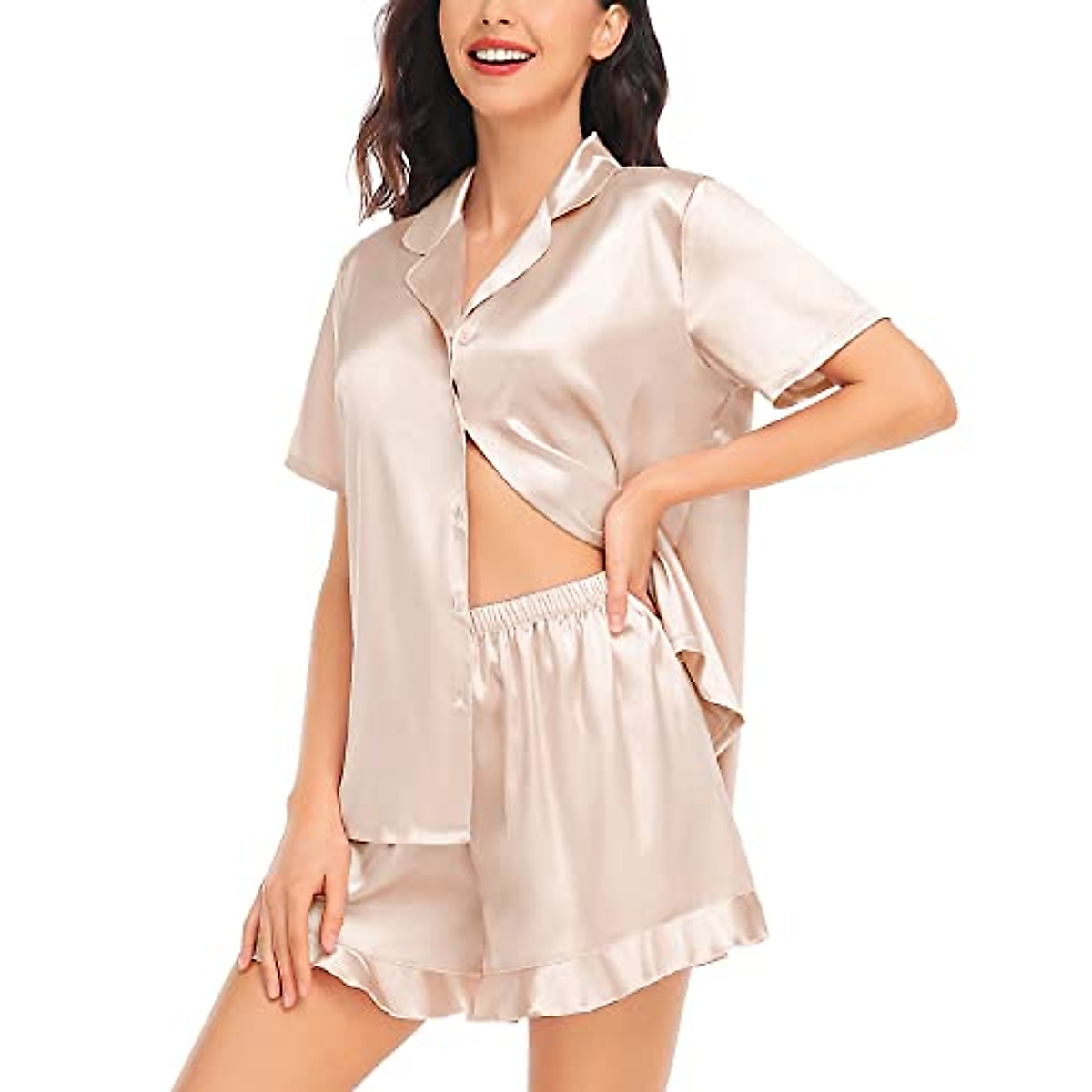 SWOMOG Satin Pajamas Women's Short Sleeve Sleepwear Ladies Silk Button Down Nightwear Pjs Shorts Set with Ruffle Hem Champagne