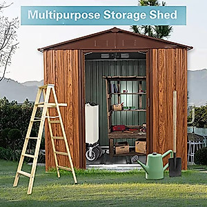 SUNDALY 6'x 6' Wood Look Outdoor Storage Shed with Door, Window & Lock, Waterproof Metal Garden Tool Storage Shed with Floor Frame for Backyard Patio Lawn,Brown