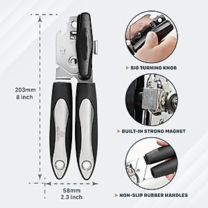 Can Opener Manual Handheld With Magnet, Lid-Lift Safety - Comfortable Anti-Slip Grip Handle And Big Turn Knob - Smooth Edge With Stainless Steel Sharp Blade - Heavy Duty Bottle Can Opener - Black