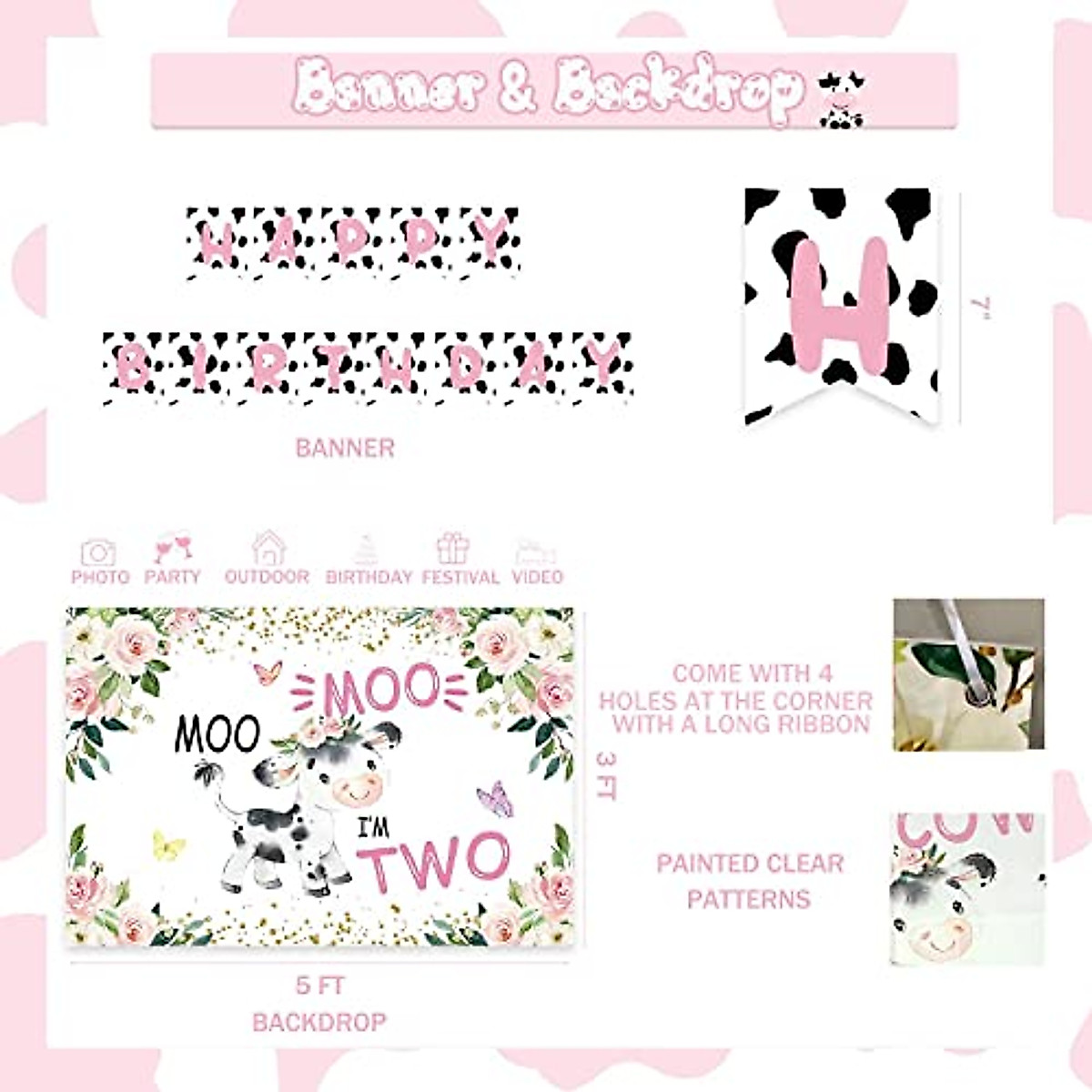 126 PCs Moo Moo Im Two Birthday Decorations Girl, Fiesec Cow 2nd Birthday Party Supplies Two Years Old Backdrop Balloon Garland Banner Cake Cupcake Toppers Boxes Cutout Crown Poster Pink White Black