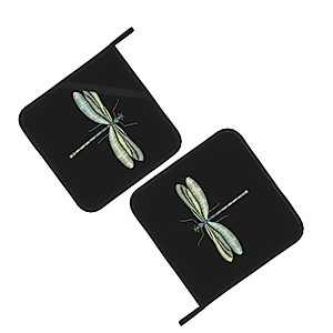 Square Insulated Pot Holder Sets of 2,Dragonfly Black Printed Pot Holders for BBQ Cooking Baking