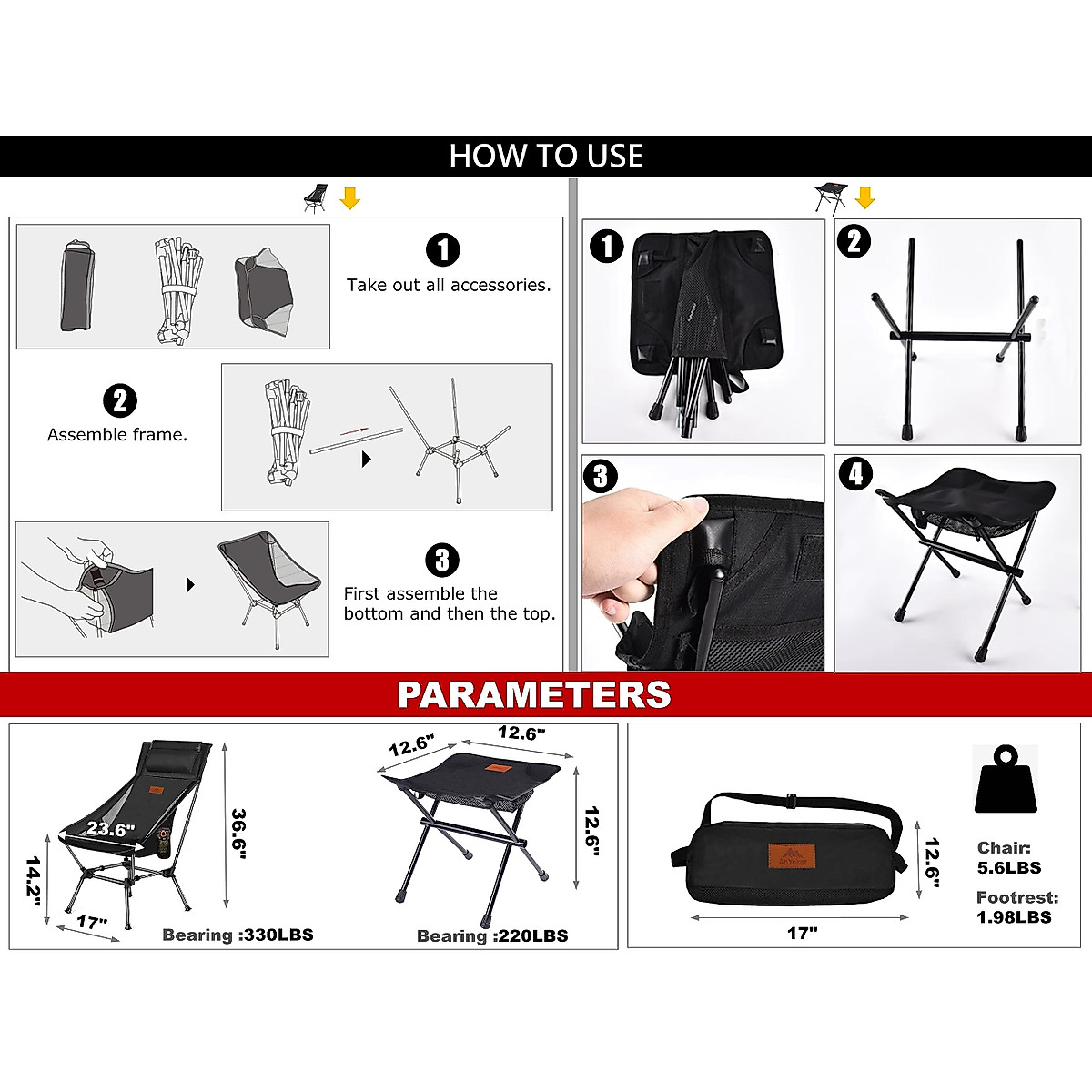 AnYoker Camping Chair, 2 Way Compact Backpacking Chair, Portable Folding Chair, Beach Chair with Side Pocket, headrest and Foot Rest, Lightweight Hiking Chair 01666 （Blue）