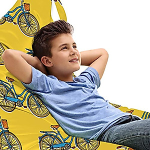 Lunarable Bicycle Lounger Chair Bag, Pattern with Blue Hand-Drawn Vintage Bikes on a Yellow Background, High Capacity Storage with Handle Container, Lounger Size, Mustard Blue