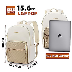 KINGSLONG 15.6 inch Laptop Backpack for Women Work Computer Bag with USB Port, Waterresistant Backpacks Travel Bags Casual Daypacks for College, Business, Beige