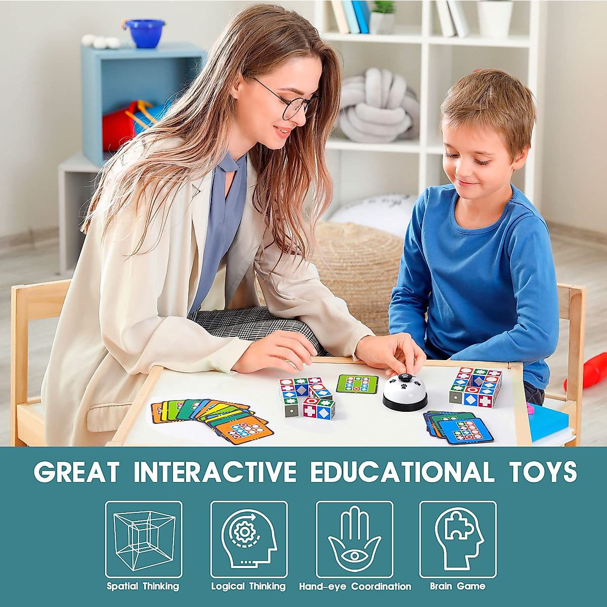 Funtactics Wooden Matching Game Puzzle 3.0 Games, Pattern Block Match Puzzles Building Cubes with Bell for Kids and Adults Toys Board Games for Family Night 5 Players