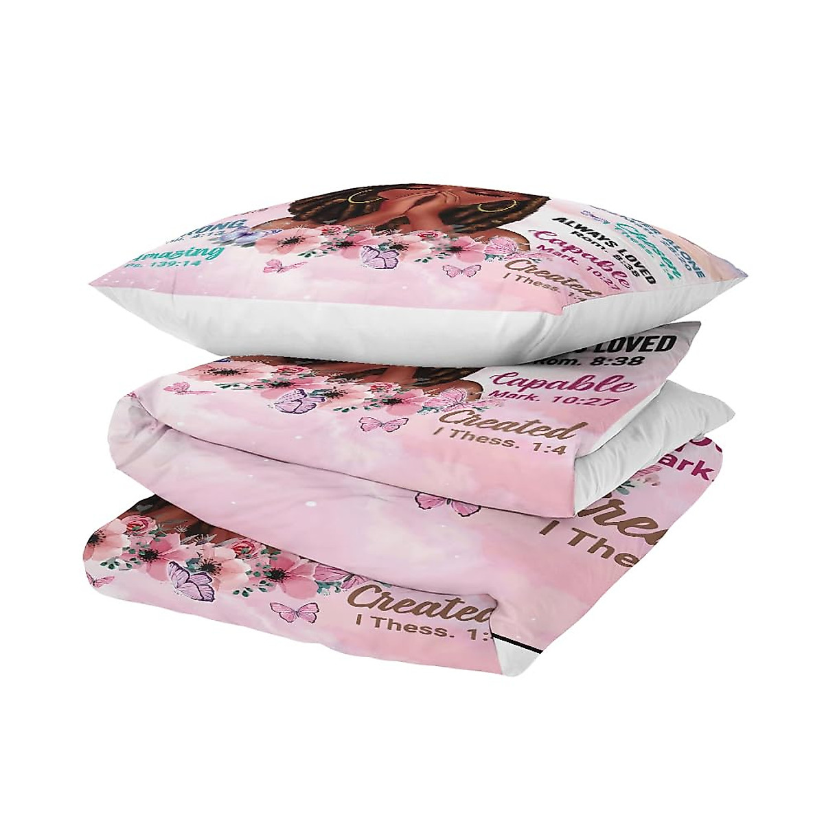 TRENDYNEST Kids Comforter Sets Queen Size, Prayer Girl and African American Girl Inspirational Quotes with Floral Butterfly, Teens Bedding Sets for Girls Women (Queen, Pink White)