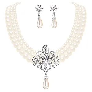 EleQueen Women's Silver-Tone Ivory Simulated Pearl Crystal Victorian Style Statement Necklace Earrings Bridal Wedding Sets