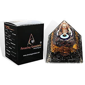Organite Orgone Pyramid Extra Large 95 MM - Orgone Energy Pyramid with Evil Eye, Hematite, Tiger Eye, Black Obsidian Crystals and Healing Stone - Orgonite Pyramids Crystals and Positive Energy