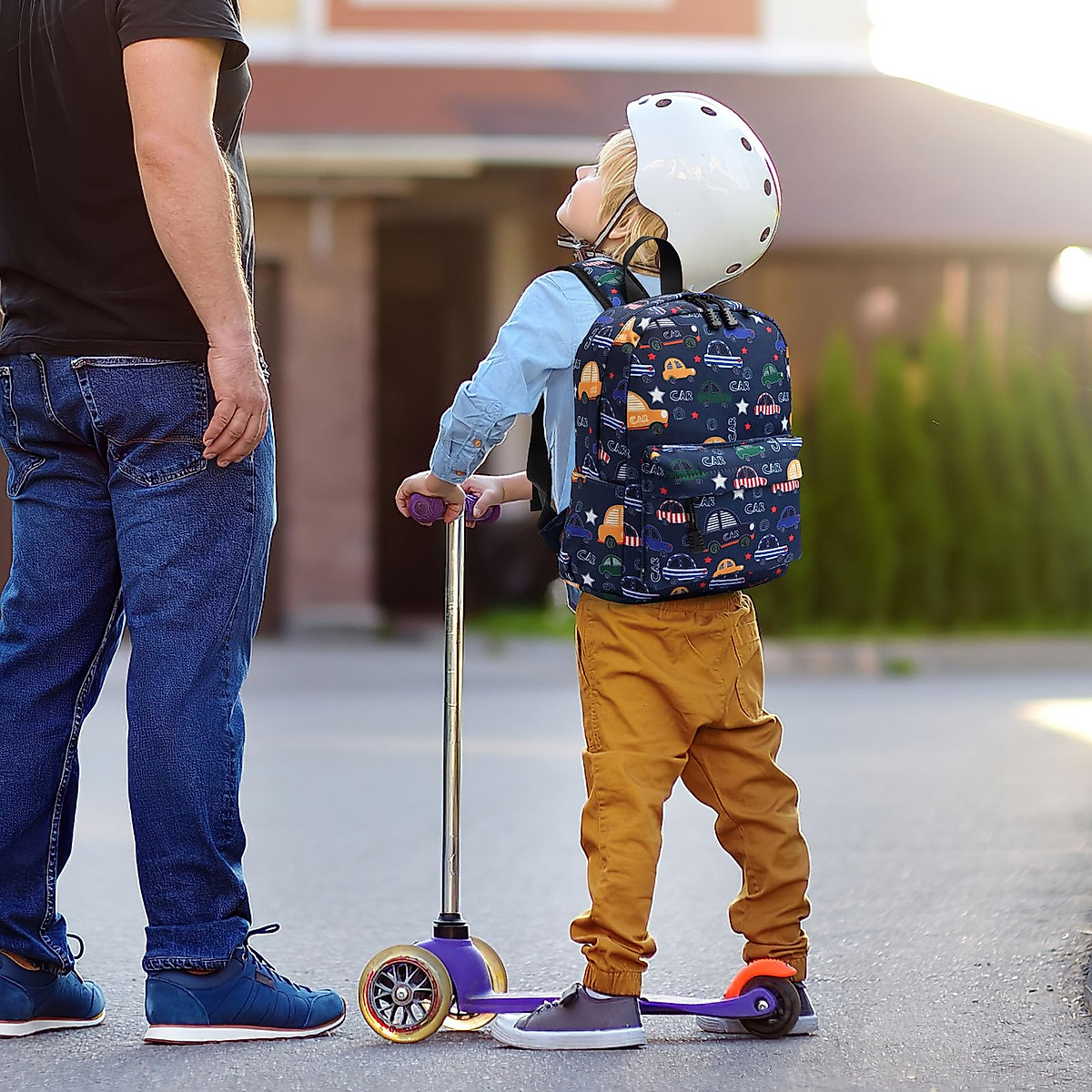 Zicac Children's Cute Canvas Backpack Toddler Backpack (M, Blue Car)
