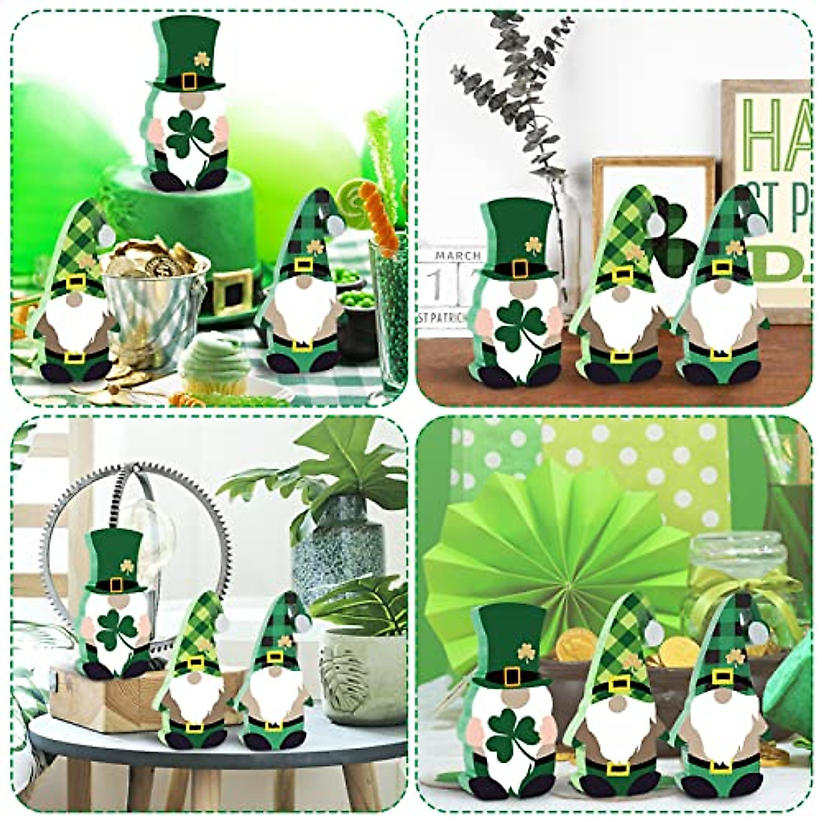 St. Patrick's Day Decorations Gnomes Table Sign - 3pcs Wooden Scandinavian Tomte Shamrock Clover Lucky Table Centerpiece, Green Home Office Irish Themed Party Decor
