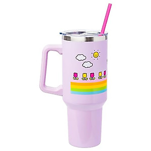 Silver Buffalo Sanrio Hello Kitty Spring and Summer Flowers Rainbow Stripes Stainless Steel Tumbler with Handle and Straw, Fits in Standard Cup Holder, 40 Ounces