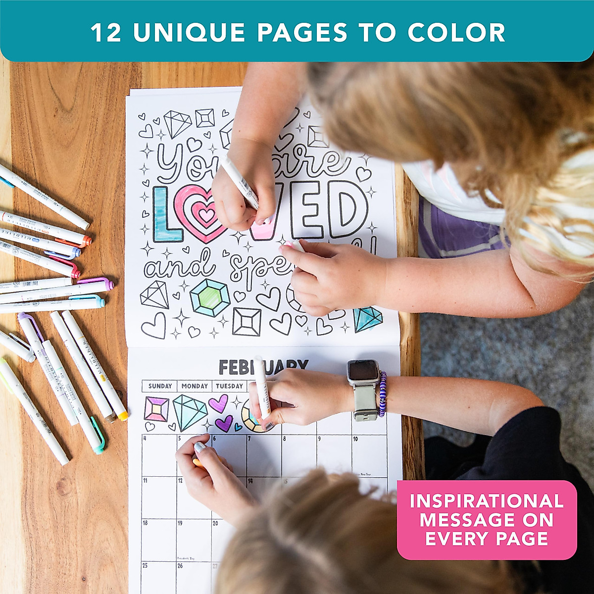 Tiny Expressions - Inspirational Coloring Calendar for Kids - Today is a Good Day 2024 Wall Calendar - Home or Classroom Kid Learning Calendars with Inspirational Quotes - Children's Calendar - 12x12 inches