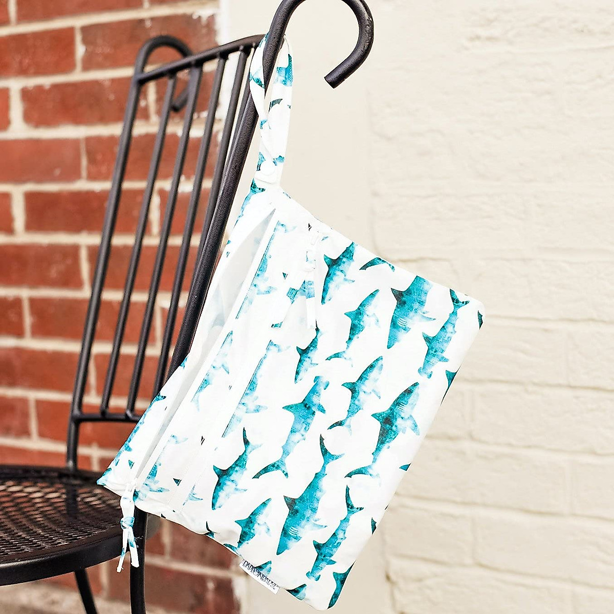 BapronBaby Shark Attack Wet Dry Bag - Waterproof Two Zipper Pockets - Reusable for Mealtime, Diapers, Stroller, Snacks, Swimsuits - Machine Washable - 11" x 9"