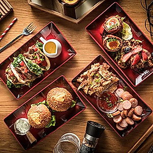 Gomakren Serving Platters Trays for Parties, Christmas Serving Dishes and Platters Porcelain Rectangle Plates Set of 2, 10 In Food Serving Tray, Microwave Dishwasher Safe Burgundy Red Christmas Gifts