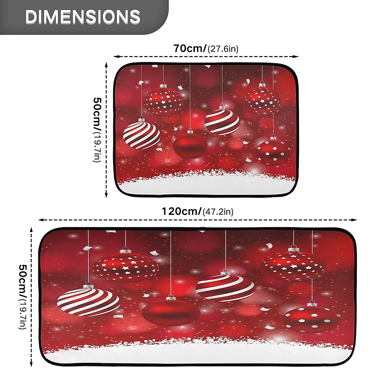 Christmas Balls Red Kitchen Rugs 2 Pieces, Snow Floor Mat Room Area Rug Washable Carpet Perfect for Living Room Bedroom Entryway