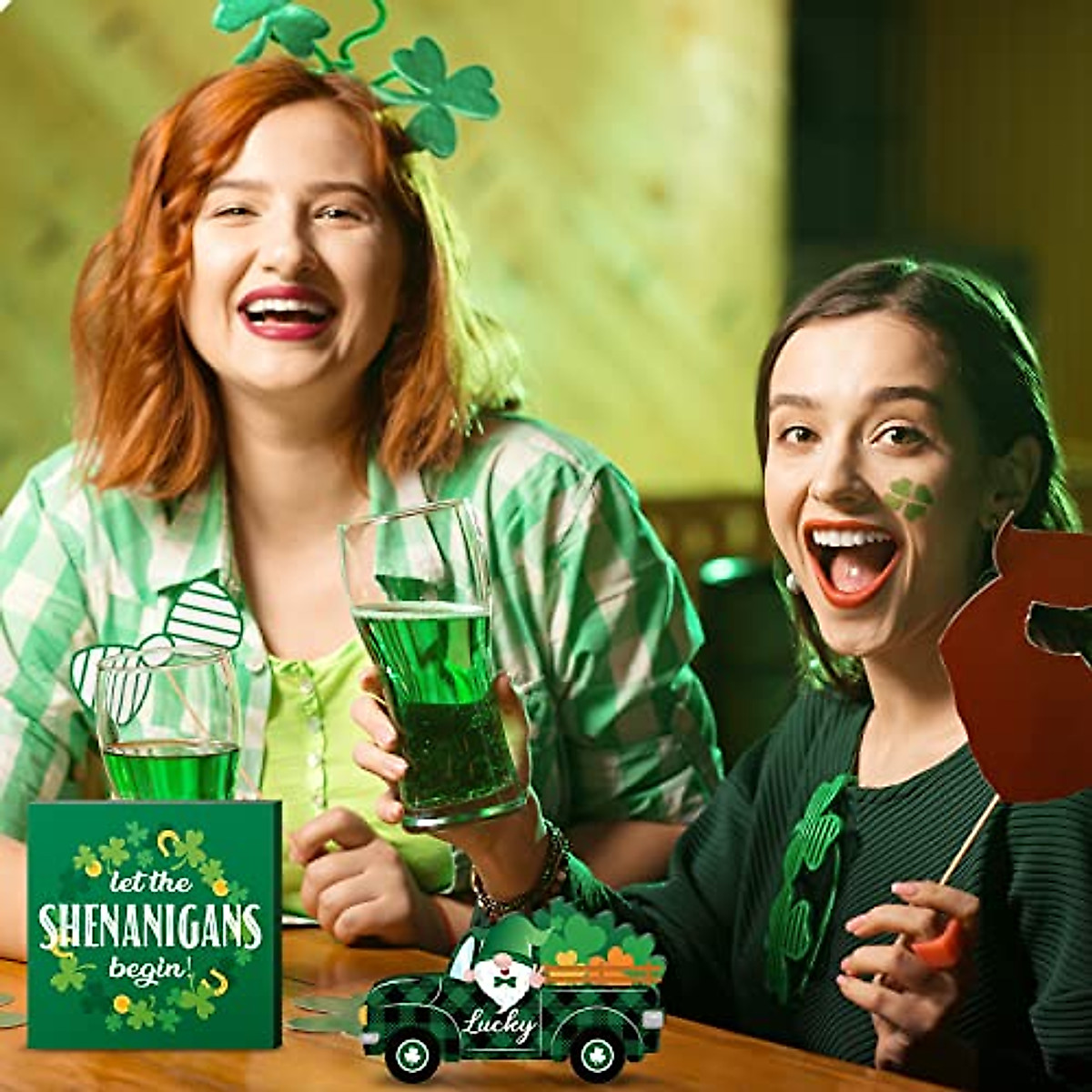 4 Pieces St. Patrick's Day Table Decor Wooden Sign Lucky Shamrock Table Sign Green Gnome Truck Table Centerpiece Freestanding Clover Letter Sign Table Decoration for Irish Holiday Party Decor