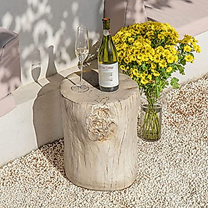 COSIEST Outdoor Antique Beige Side Table Faux Wood, Hand-Painted Wood Stump Stool, Ottomans, Plant Stand, Deck or Garden