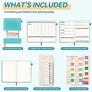 Soomeet Planner, Undated Weekly Planner, Goal Planner, Calendar Stickers, Faux Leather Cover, Time Management Manual and Planner, A5 Hardcover with Ruler, 200 Pages, Lake Blue