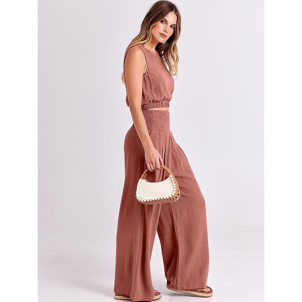 ANRABESS Women's 2 Piece Linen Lounge Set Casual Matching Pants Jumpsuit Summer Beach Travel Vacation Trendy Outfits X-Large