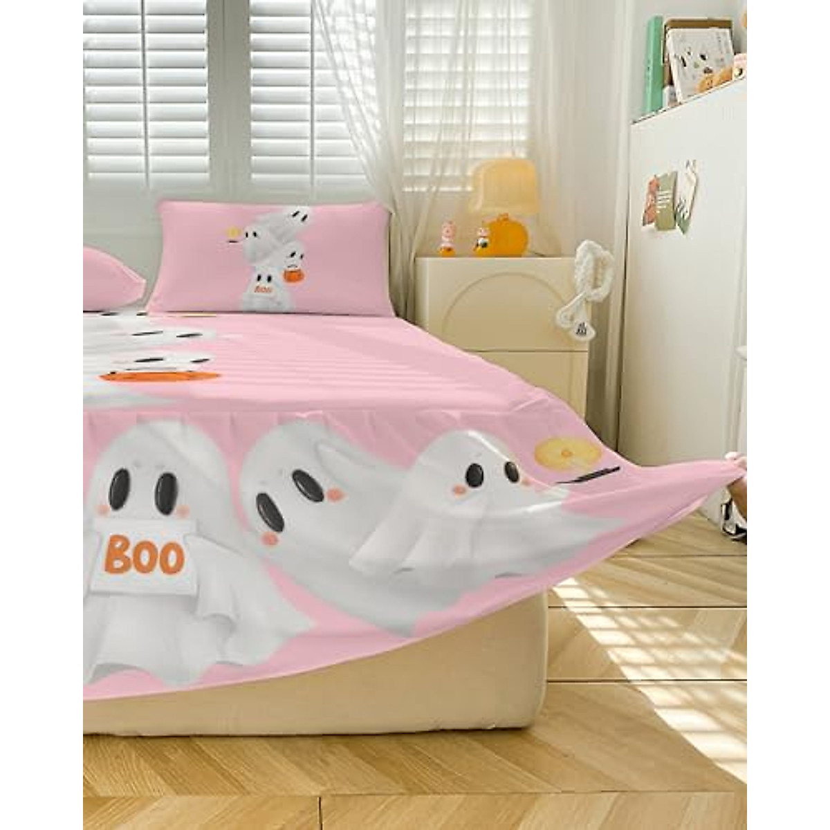 AMZRicher Halloween Wrap Around Pleated Bed Skirts for Queen Bed 60x80, Decorative Dust Ruffle Bed Sheet & Bedskirt 18'' Drop Bedspread with Pillow Case 20x30 White Ghost Pumpkin Blush Pink