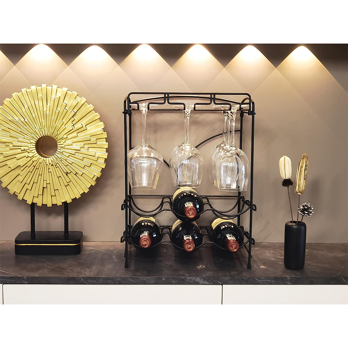 EMT ETRENDS Wine Rack Countertop, Wine Holder for 6 Bottles and 6-9 Glasses, Freestanding Wine Storage Shelves for Kitchen, Pantry, Cellar, Bar, Black.