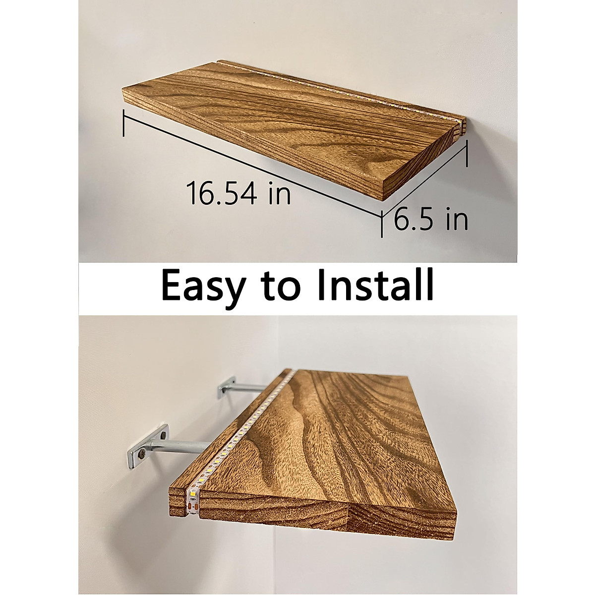 Floating Shelves for Wall Decor Wood Wall Mounted Shelves with LED Lights Set of 2, Sturdy Rustic Wood Shelves Farmhouse Shelf Hanging for Bedroom, Bathroom, Living Room, Kitchen (Battery powwer)