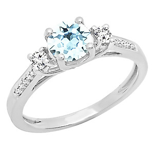 Dazzlingrock Collection 5 MM Round Aquamarine, White Sapphire & Diamond Ladies Engagement Ring in 10K White Gold, Size 7