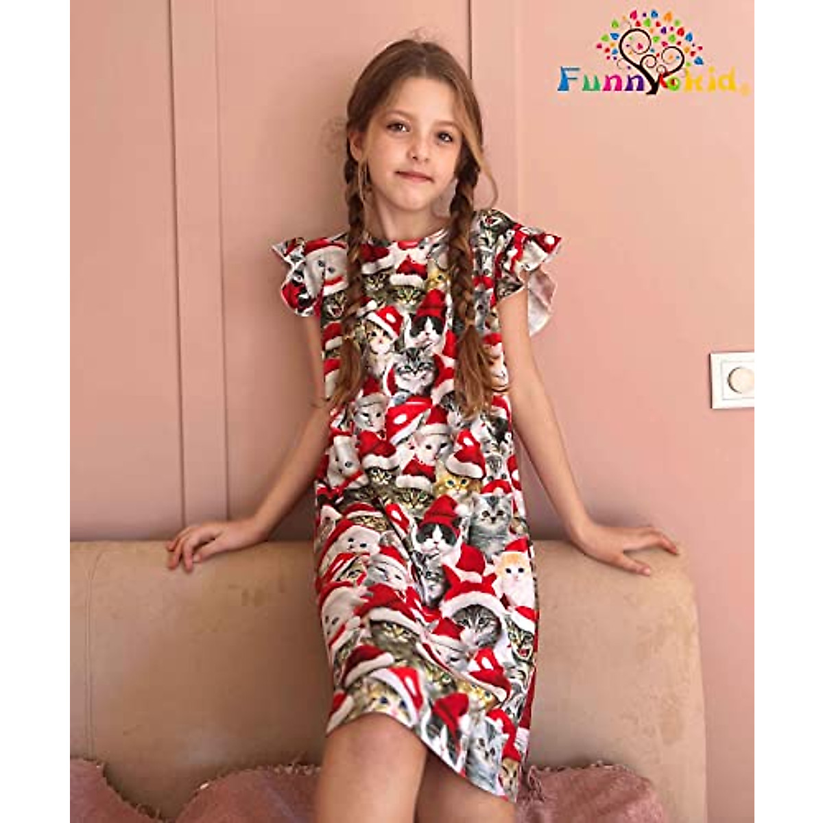 Girls Princess Funny Christmas Nightgowns Pajamas Dress Size 9 3D Graphic Printed Cat Nightdress Sleepwear for Family Party 9-10 T