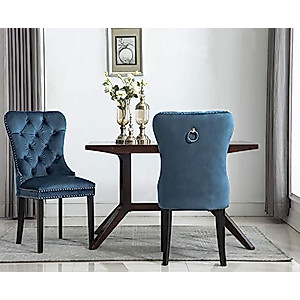 ZHENGHAO Dining Chairs Set of 2, Velvet Upholstered Armless Dining Room Chairs with Wooden Legs, Modern Nailhead Trim Wingback Accent Chair with Ring Pull for Kitchen Bedroom Restaurant, Navy Blue