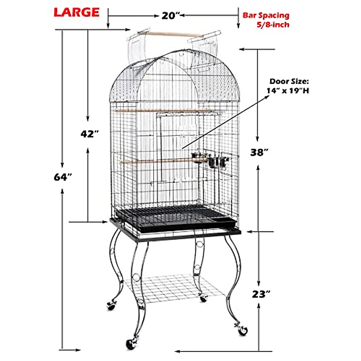 Large Open Dome Style Parrot Bird Cage with 5/8-Inch Bar Spacing for Quaker Cockatiel Indian Ring Neck Sun Parakeet Green Cheek Conures Lovebirds Budgies Canary Finch Parrotlet Portable Bird Cage